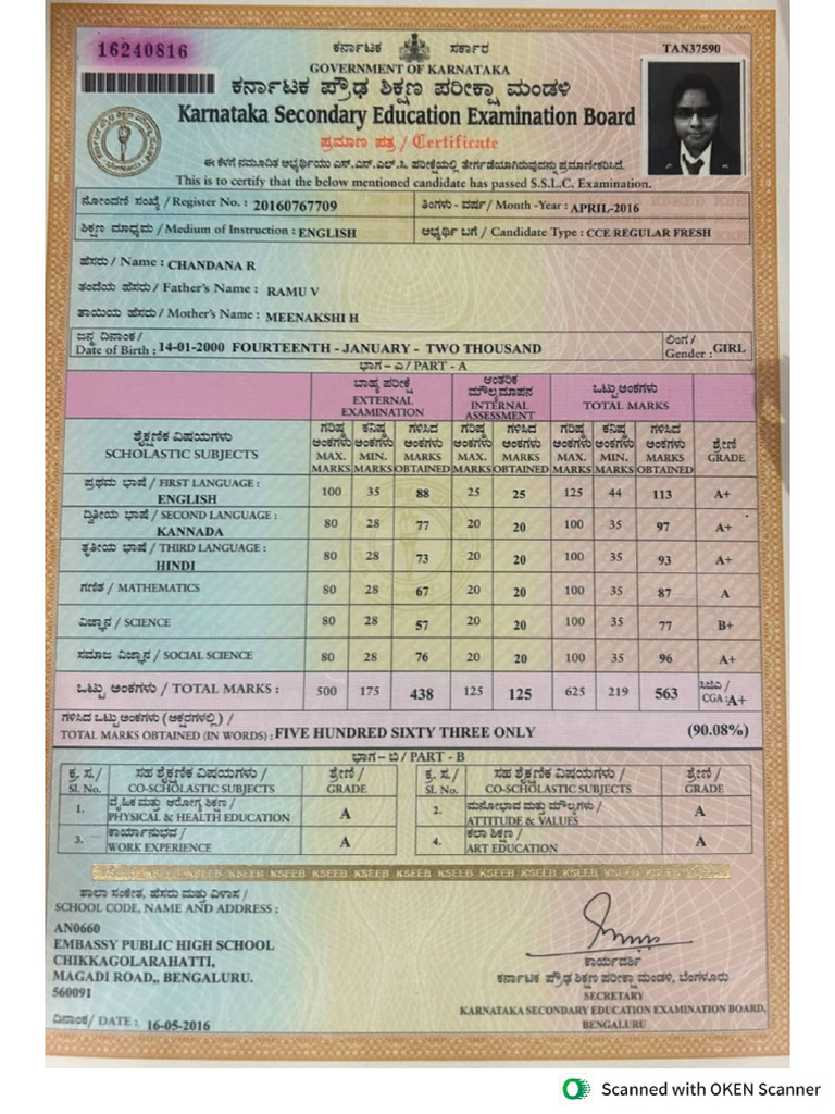 Chandana Marks Card | PDF