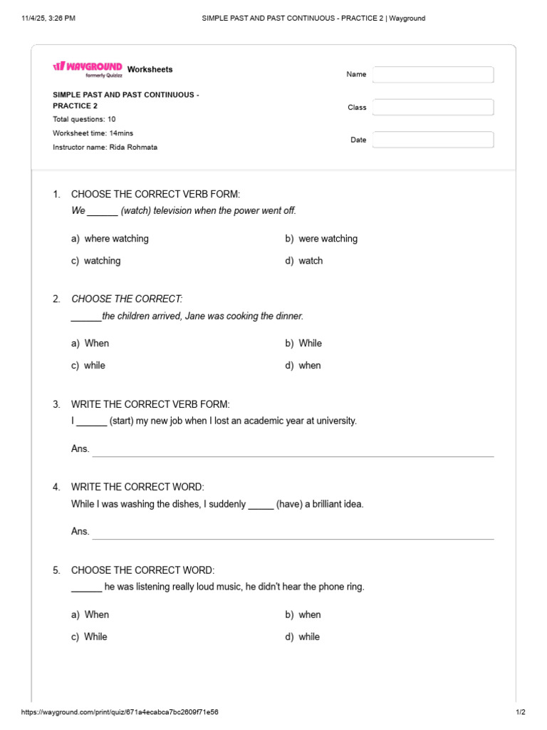 Simple Past and Past Continuous - Practice 2 - Wayground | PDF | Syntax ...