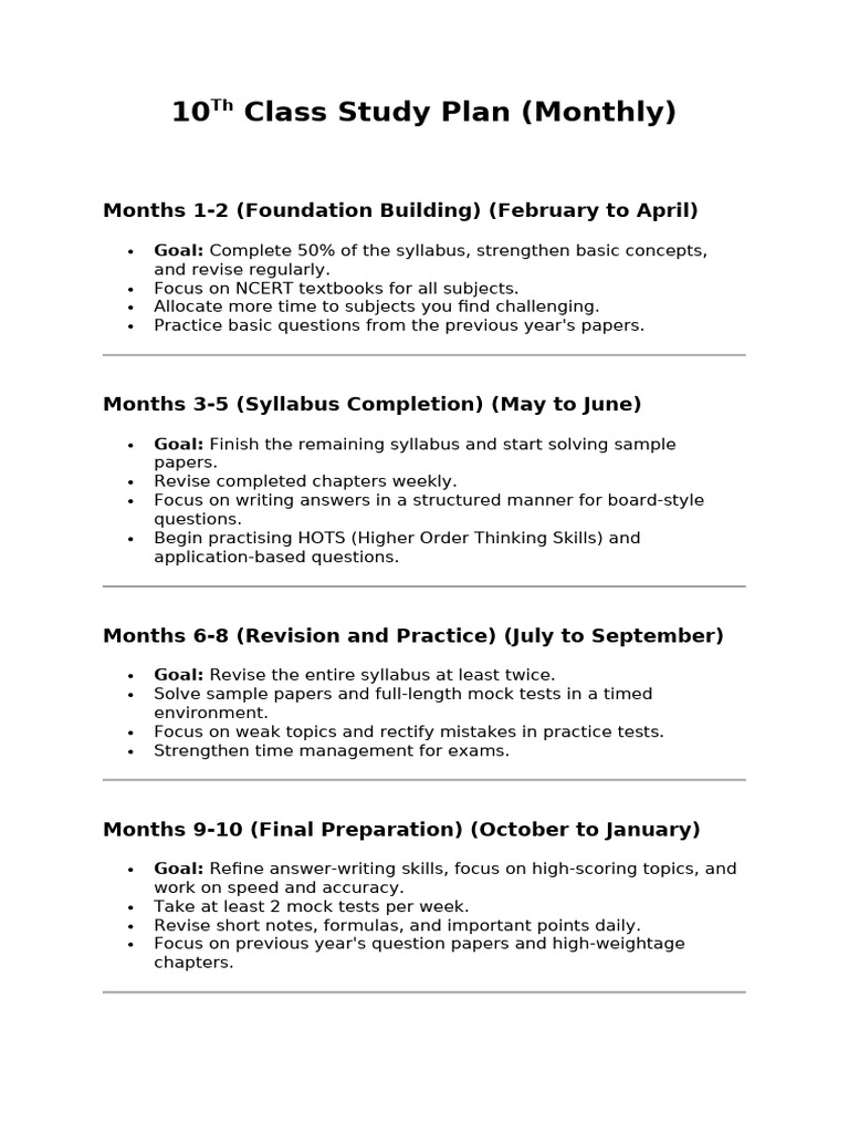 10th Class Monthly Study Plan Guide | PDF