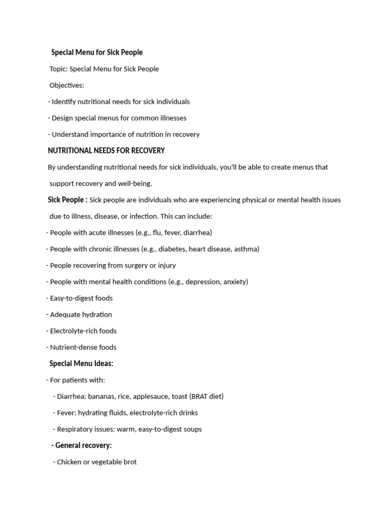 Special Menu For Sick People | PDF