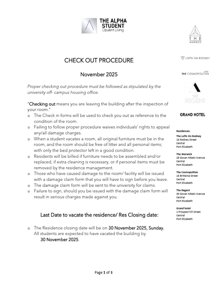 Residence Check-Out Procedures 2025 | PDF | Banks