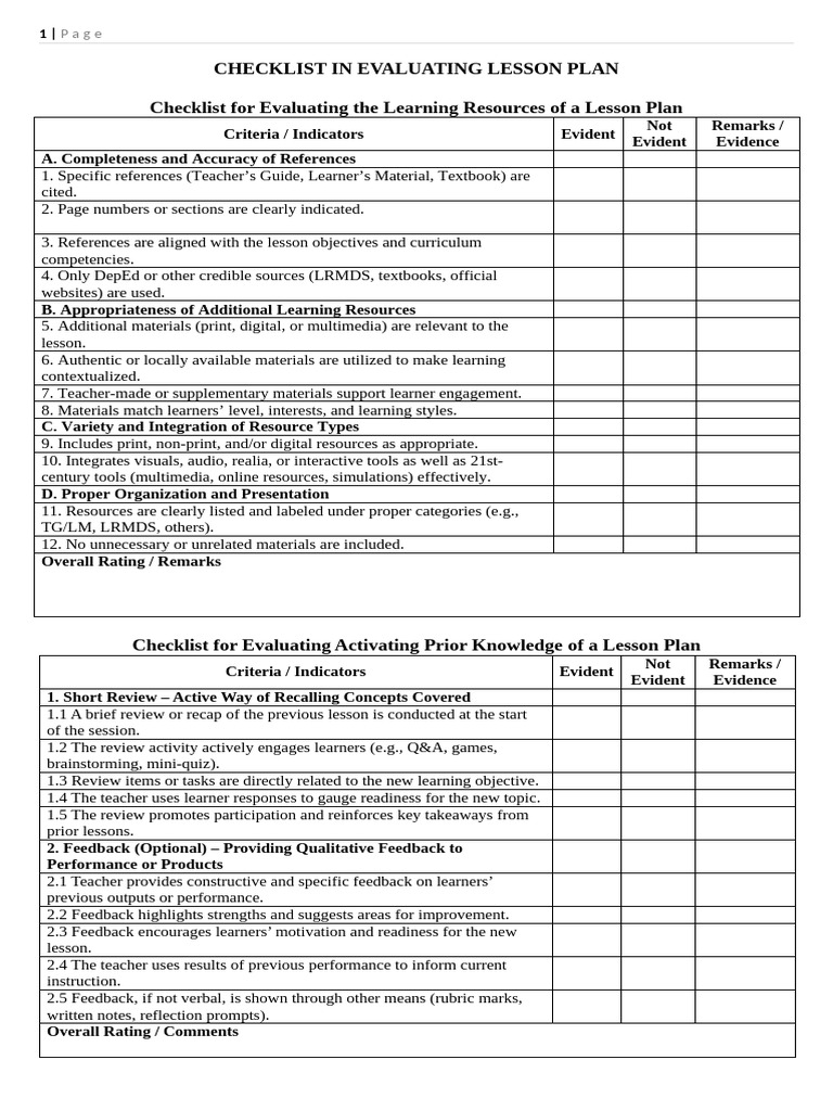 Checklist in Evaluating Lesson Plan (1) | PDF | Educational Assessment ...