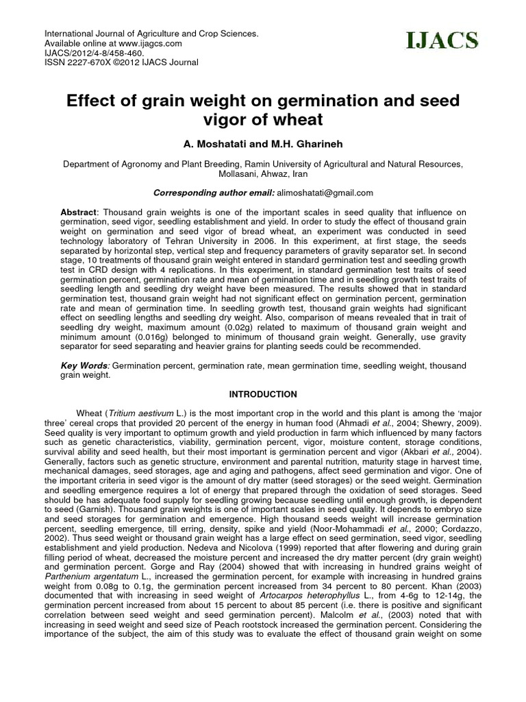 Effect of Grain Weight On Germination and Seed Vig | PDF | Seed ...