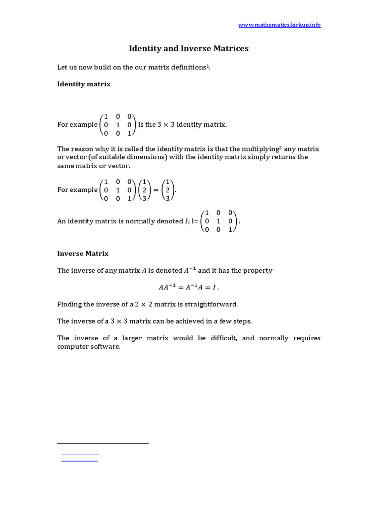 Identity and Inverse Matrices | PDF