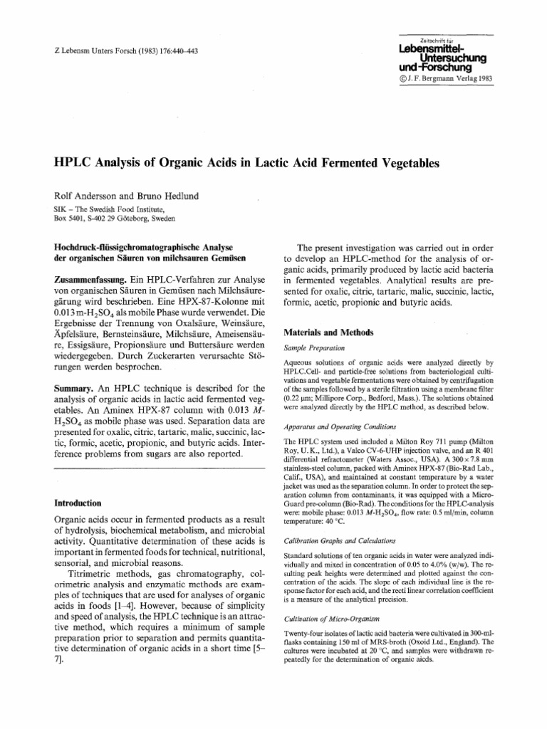 HPLC Analysis of Organic Acids in Lactic Acid Fermented Vegetables ...
