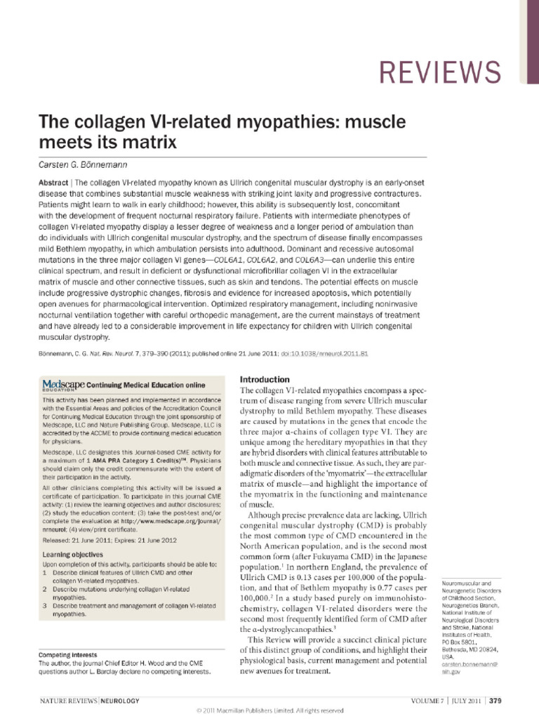 The Collagen VI-Related Myopathies: Muscle Meets Its Matrix | PDF