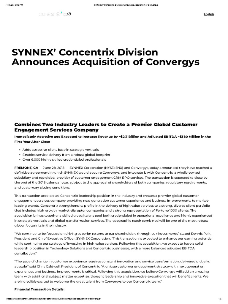 Concentrix Acquires Convergys | PDF | Mergers And Acquisitions | Form 10 K