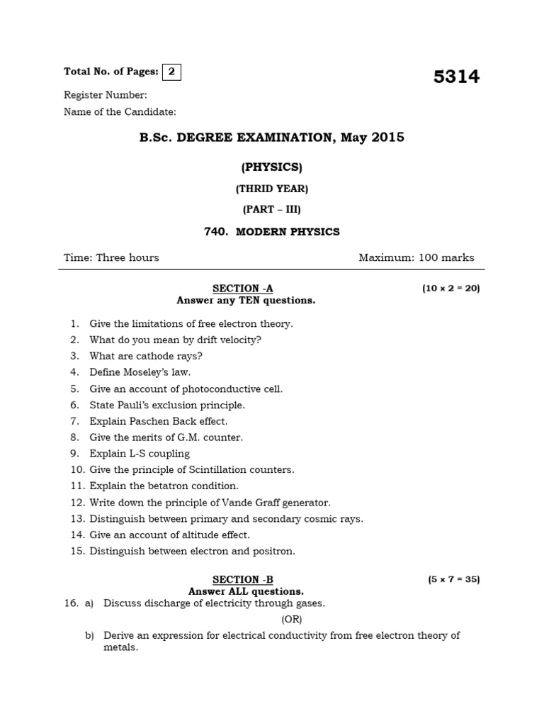 BSC 3 Year Physics Modern Physics 5314 May 2015 | PDF | Electron ...