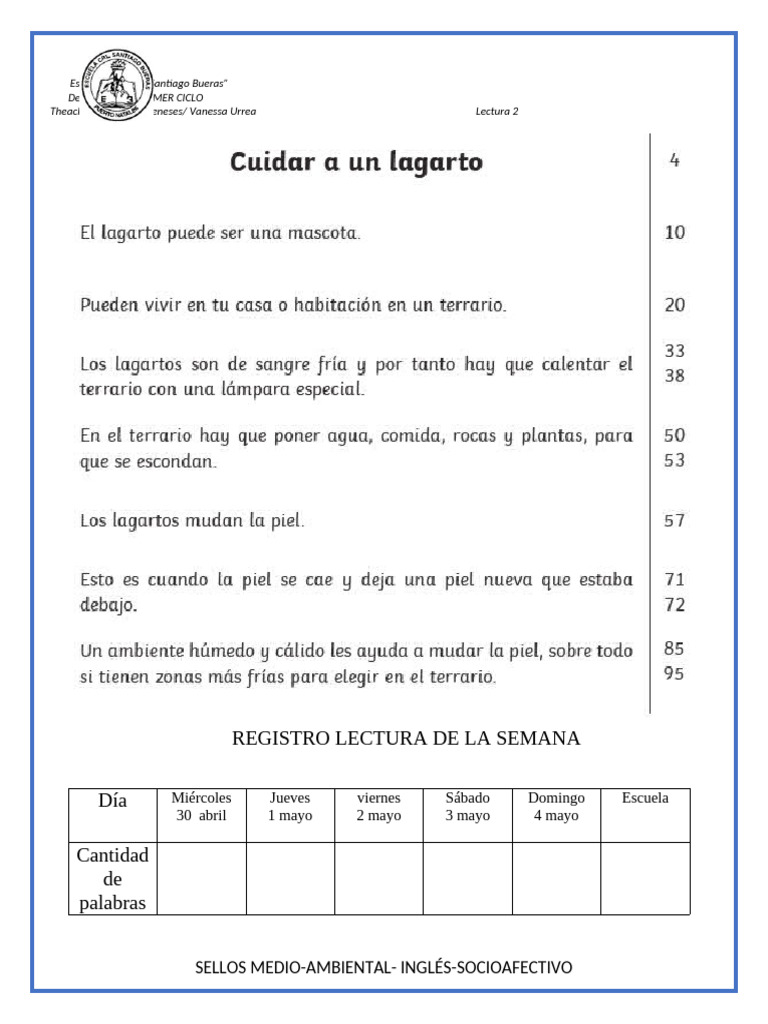 Registro Velocidad Lectora Semanal 2 | PDF