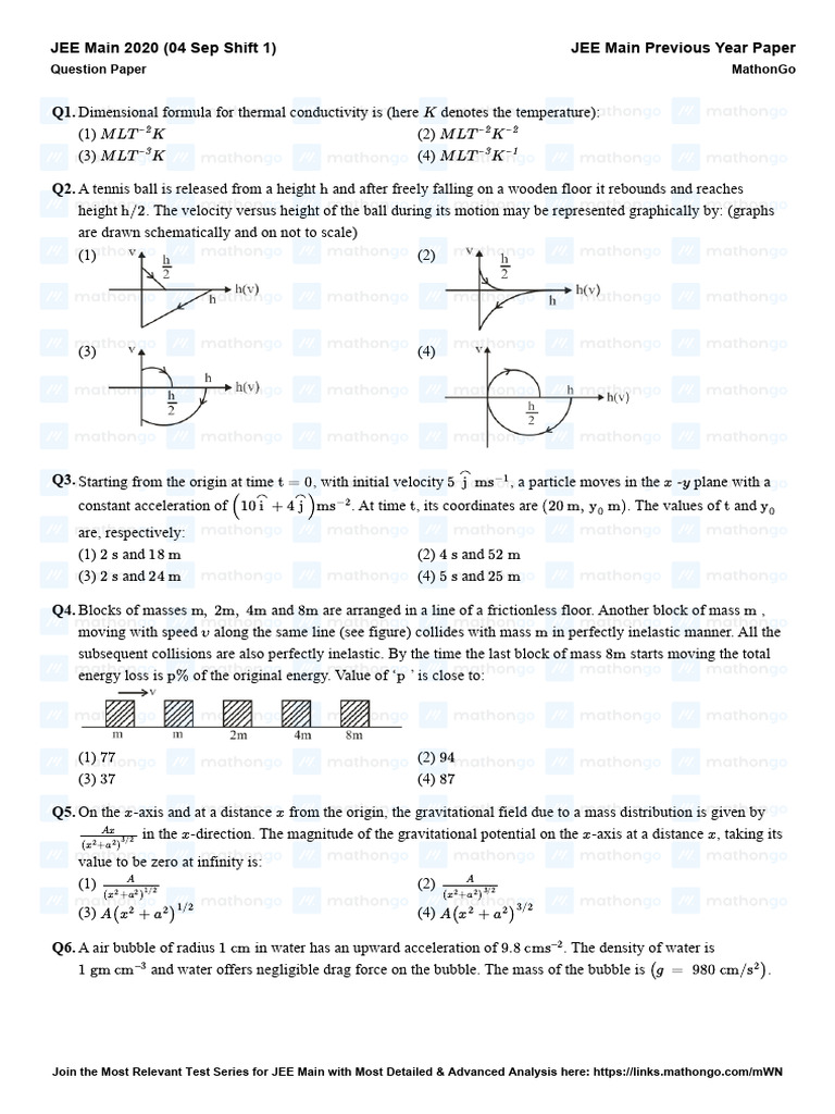JEE Main 2020 (04 Sep Shift 1) Previous Year Paper With Answer Keys ...