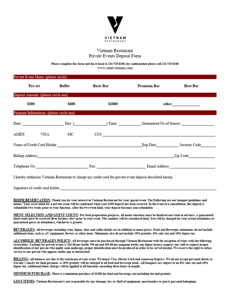 Vietnam Restaurant Private Event Deposit Form | PDF | Menu | Restaurants