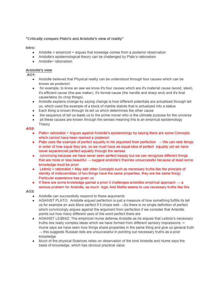 "Critically Compare Plato's and Aristotle's View of Reality".p | PDF ...