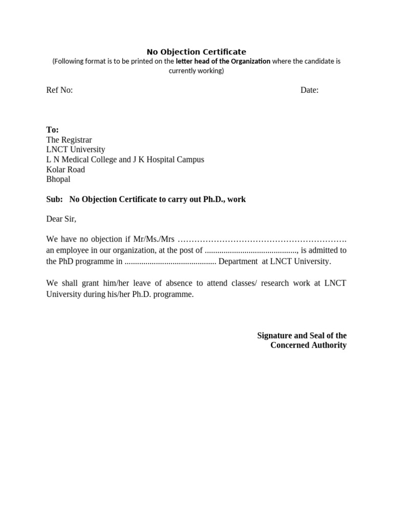 No Objection Certificate for Ph.D. | PDF
