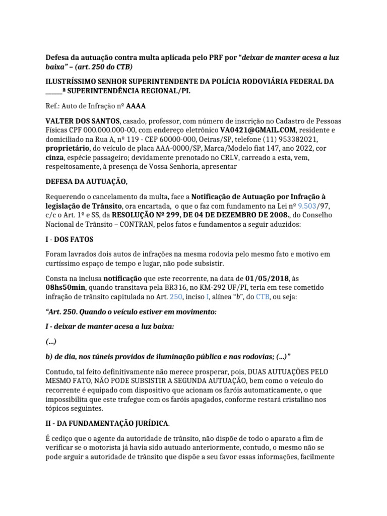 Modelo Defesa Da Autuacao Contra Multa Aplicada Pela PRF Por Deixar de Manter Acesa A Luz Baixa ...