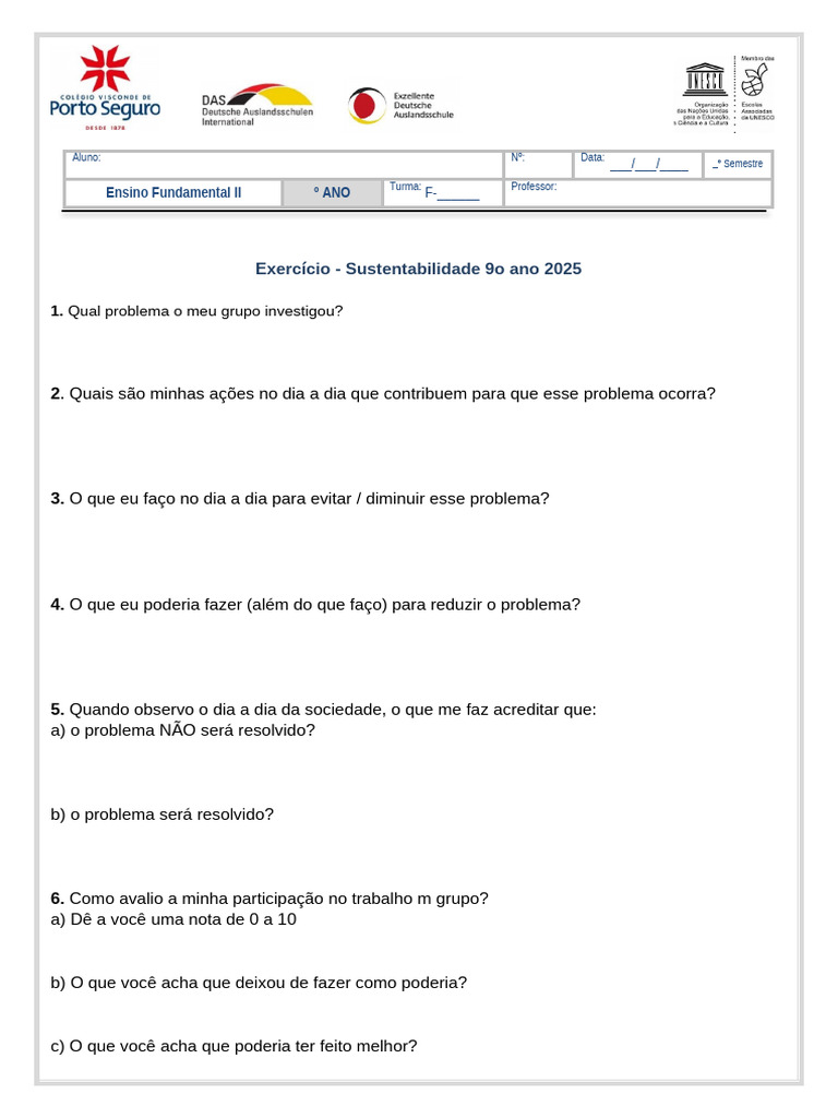 Exercício - Sustentabilidade 9o Ano 2025 | PDF