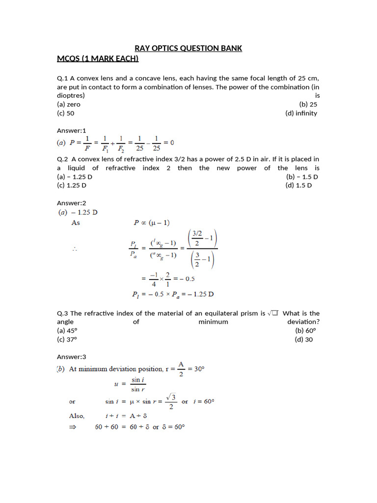 Ray Optics MCQs and Explanations | PDF | Optics | Light