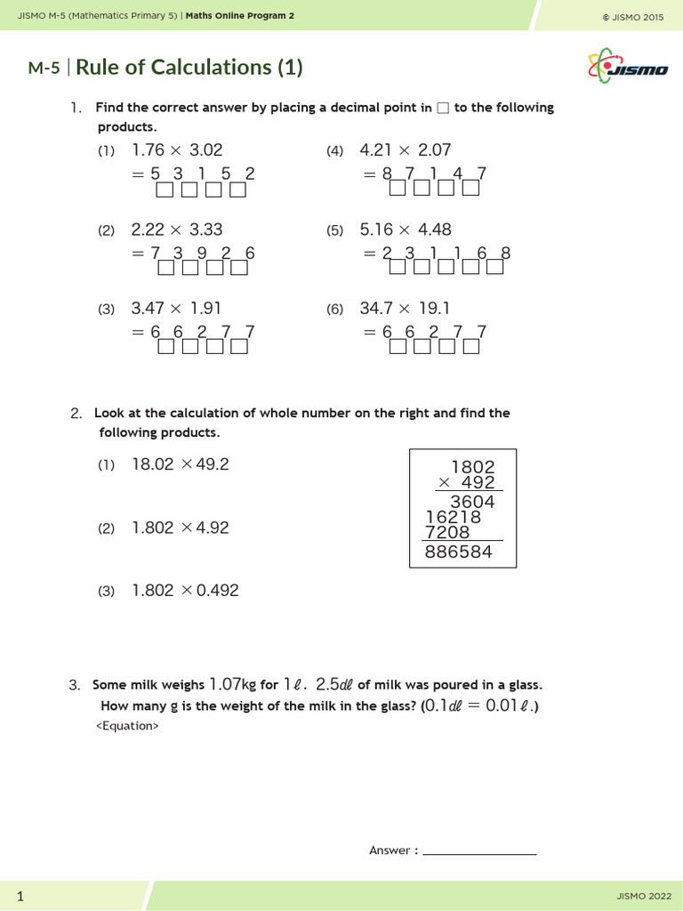 JISMO M-5 Maths Calculation Guide | PDF | Division (Mathematics) | Numbers