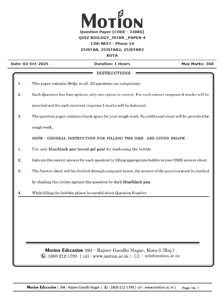 Paper- Bio J Star Quiz 4-02-10-2025 | PDF