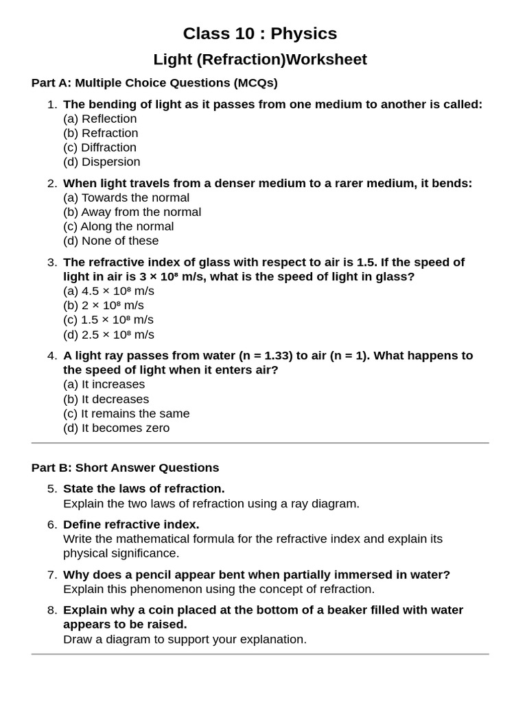 Light (Refraction) WS20250918192616 | PDF | Refraction | Radiation