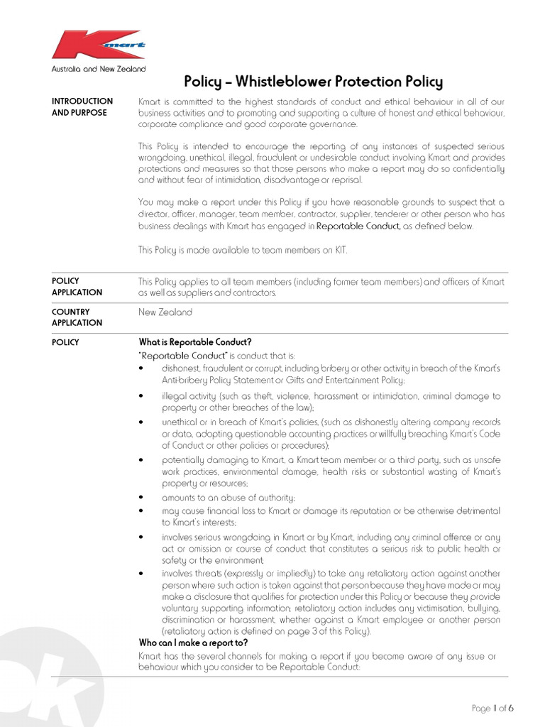 Policy Whistleblower Protection New Zealand October 2020 | PDF