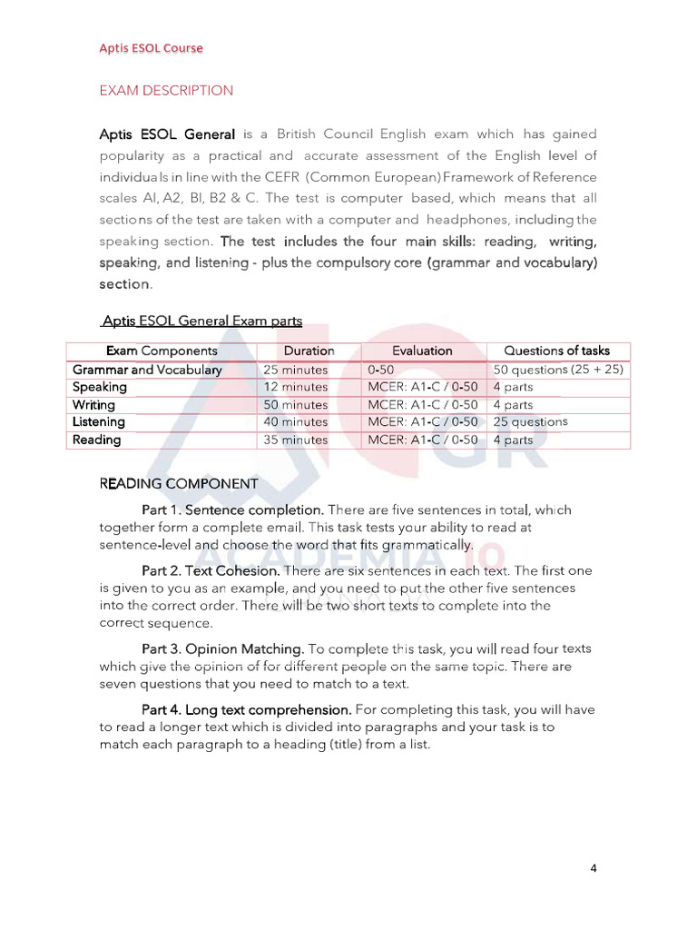 Exam Description Aptis Esol 2024 | PDF | English As A Second Or Foreign ...