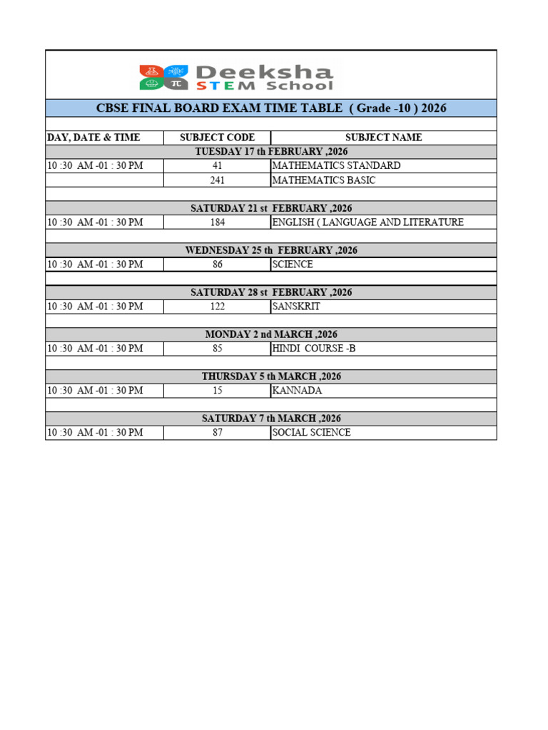 CBSE Grade 10 Exam Timetable 2026 | PDF