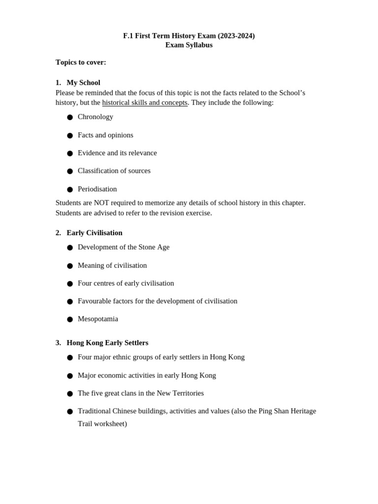 2023-2024 History Exam Syllabus | PDF