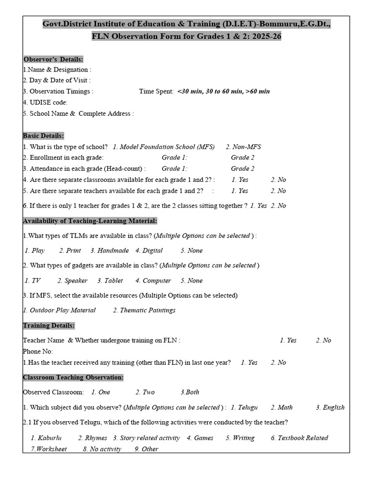 Fln Observation Format | PDF | Teachers | Learning