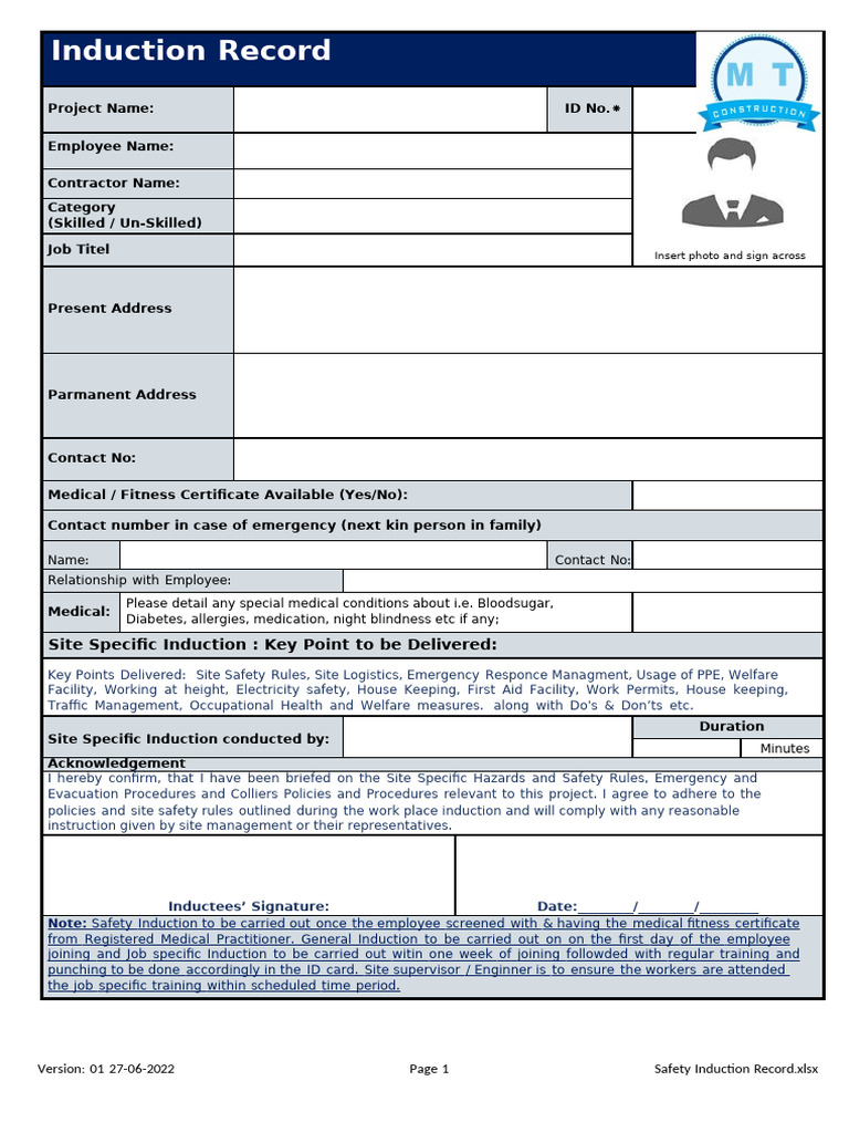 Safety Induction Record | PDF | Safety | Occupational Safety And Health