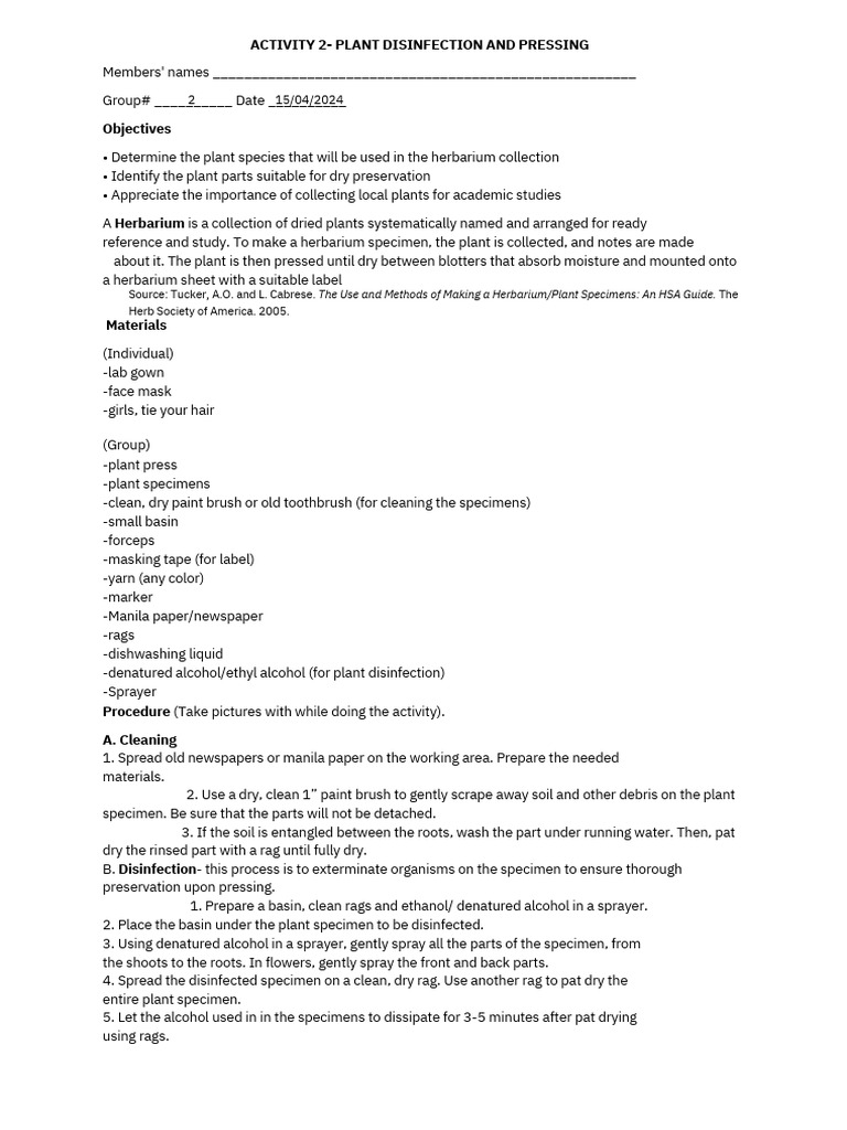Activity 2 - Plant Disinfection and Pressing (Group 2 9-Calvin) | PDF ...