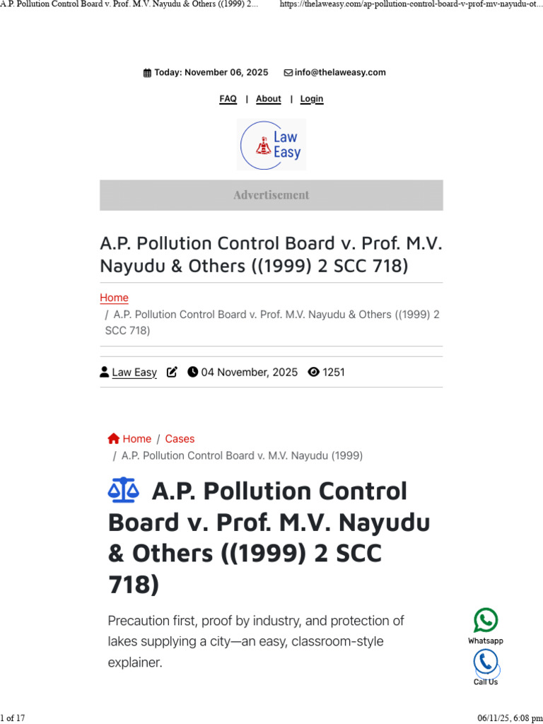 A.P. Pollution Control Board v. Prof. M.V. Nayudu & Others ( (1999) 2 ...