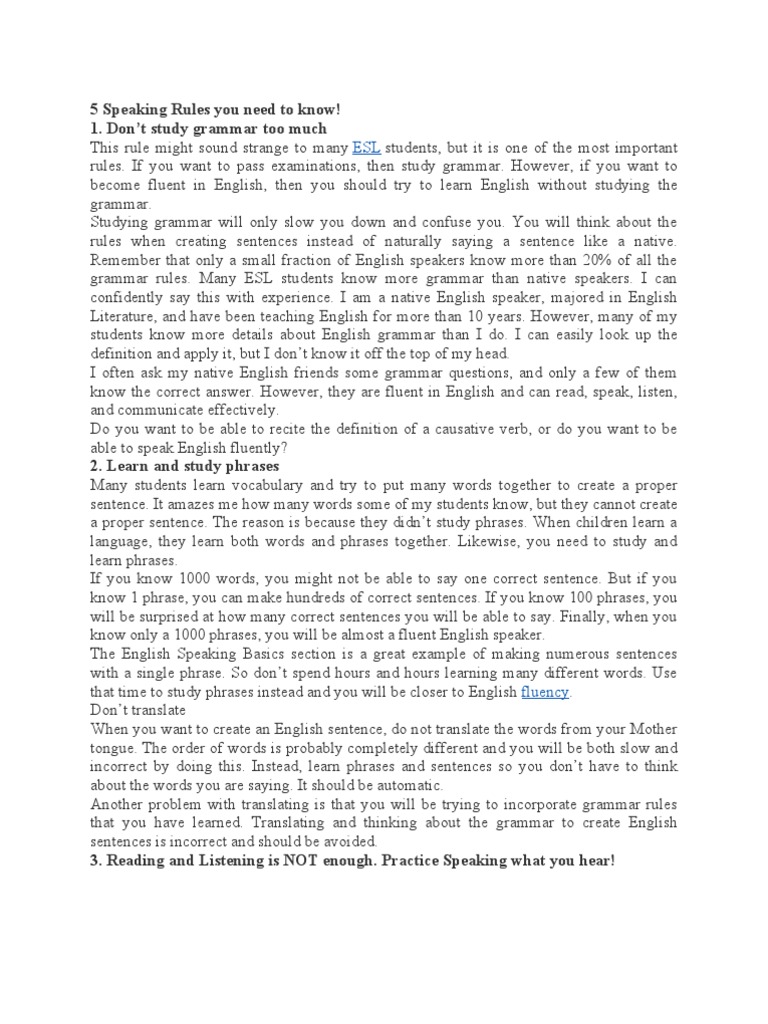 Essential English Speaking Rules | PDF | Fluency | English Language