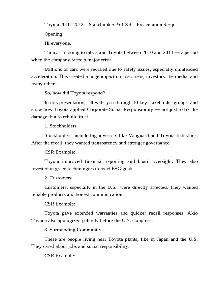 Stakeholders & CSR - Presentation Script | PDF | Toyota | Corporate Social Responsibility