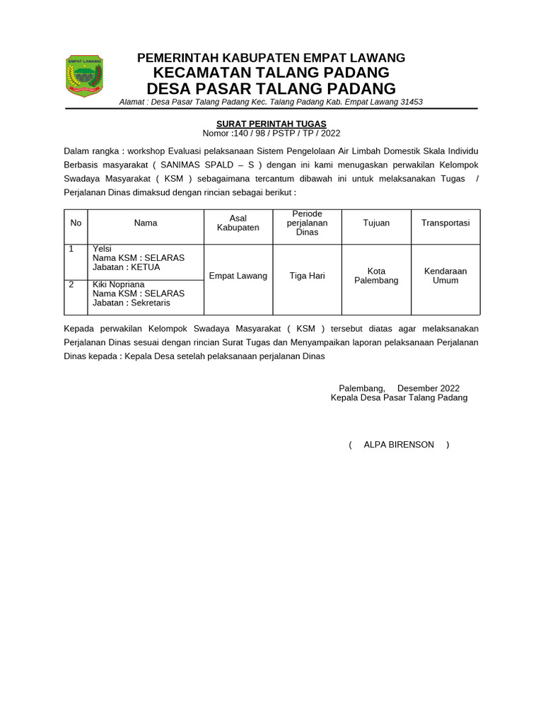 Surat Tugas Workshop SANIMAS SPALD | PDF