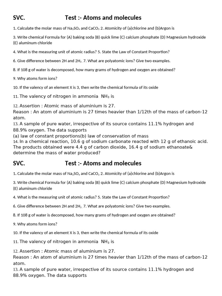 Atoms and Molecules: Key Concepts and Calculations | PDF
