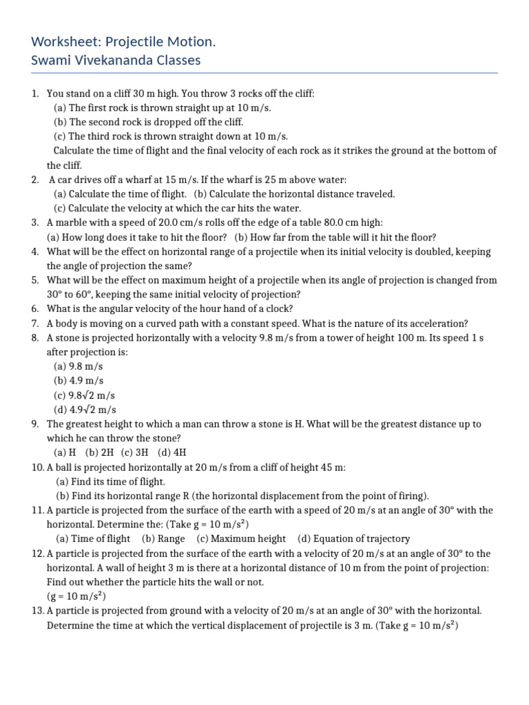 Projectile Motion Worksheet 24 June | PDF | Mechanical Engineering ...