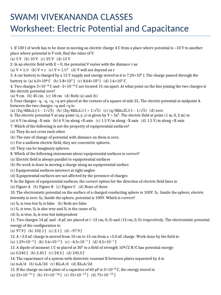 Electric Potential and Capacitance Worksheet | PDF | Electromagnetism ...