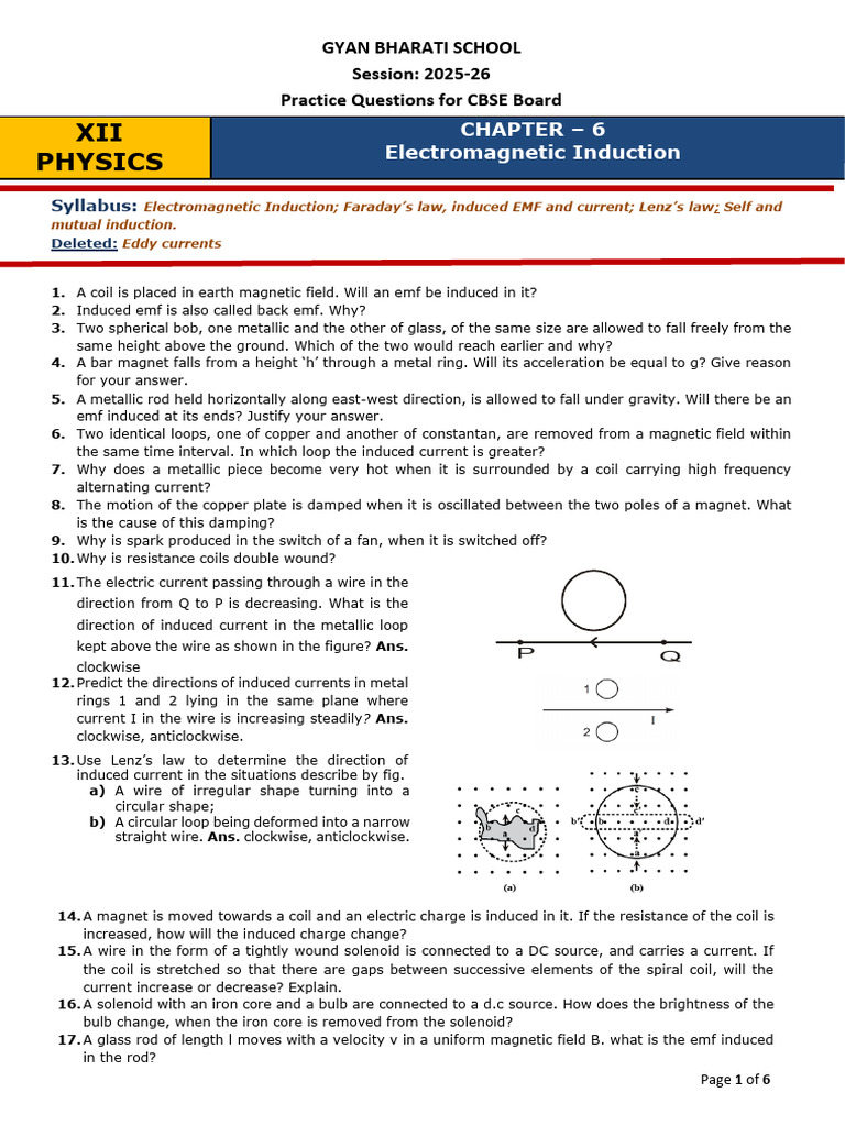Ch-6 - Xii Phy - Assignment Gbs 25-26 | PDF | Inductance | Electromagnetic Induction