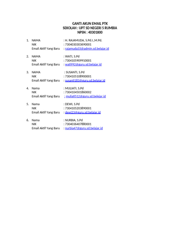 Ganti Akun Email PTK Sekolah Rumbia | PDF