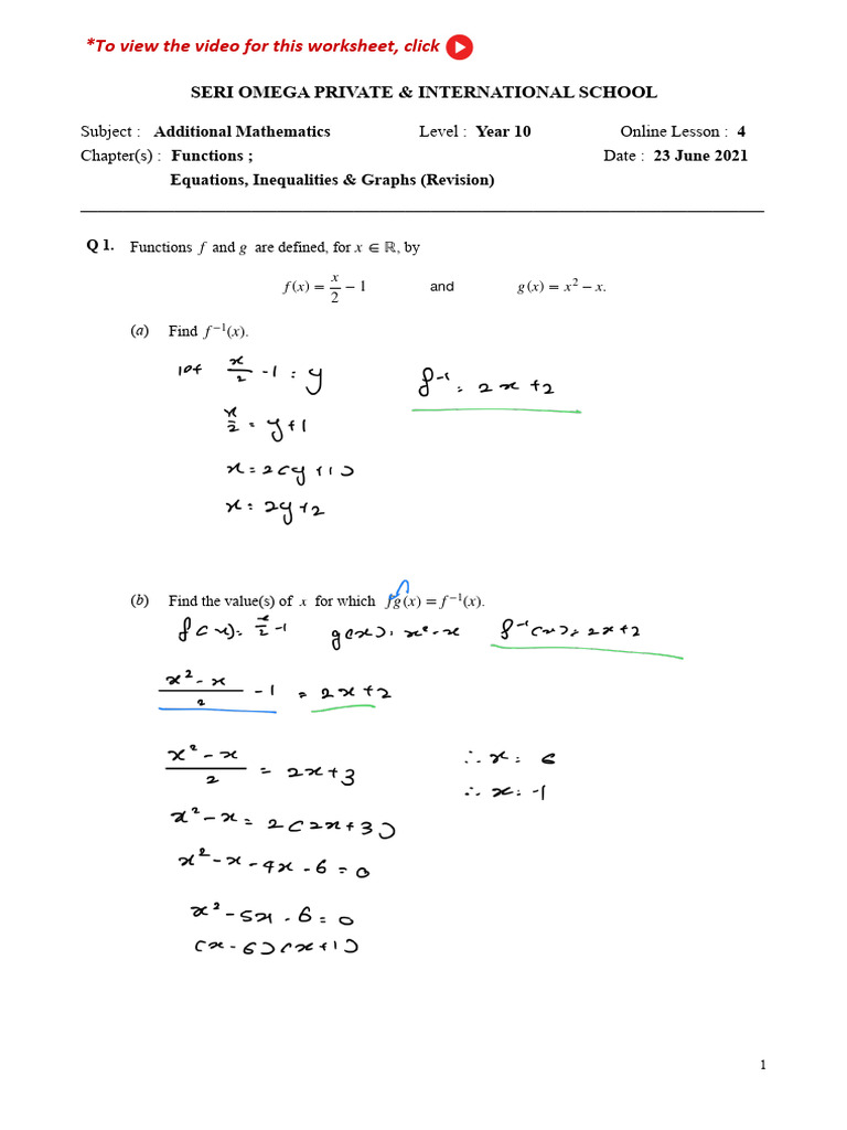 Y10 Add Maths Online Lesson 4 | PDF | Function (Mathematics ...