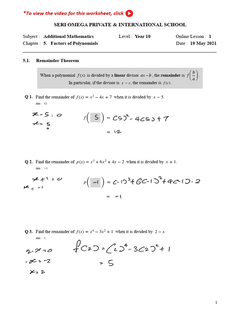 Y10 Add Maths Online Lesson 1 | PDF | Polynomial | Numerical Analysis