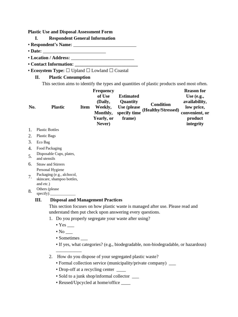 Flora and Fauna Assessment Form | PDF | Plastic | Waste