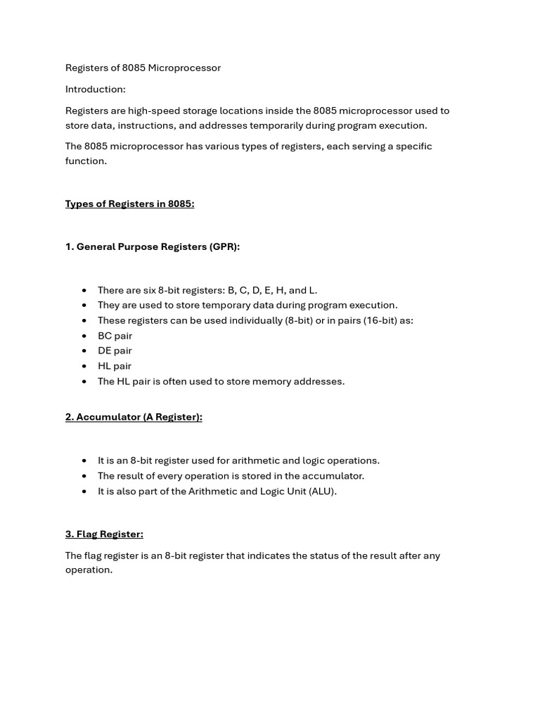 8085 Microprocessor Register Overview | PDF