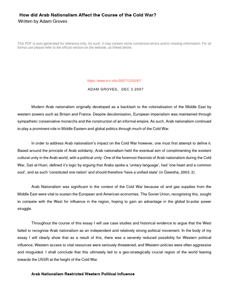 Arab Nationalism's Impact on Cold War Dynamics | PDF | Gamal Abdel ...