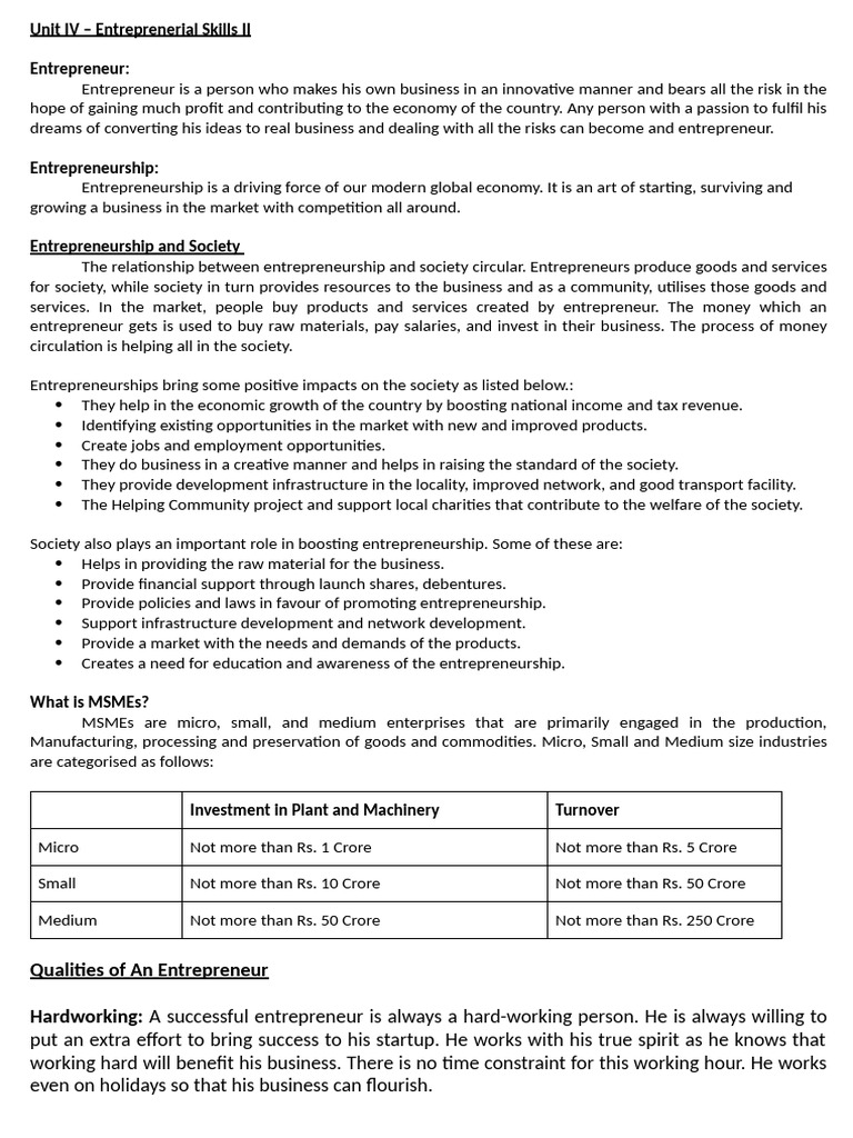 Unit IV Entrepreneurial Skills II 1 | PDF | Entrepreneurship | Business ...