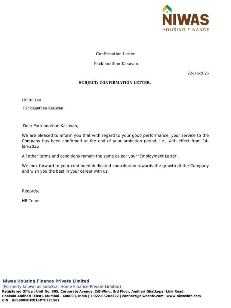 Confirmation of Employment at Niwas Housing | PDF