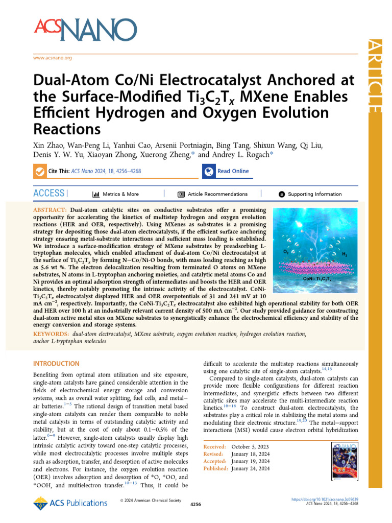 Zhao Et Al 2024 Dual Atom Co Ni Electrocatalyst Anchored at The Surface Modified Ti3c2tx Mxene ...