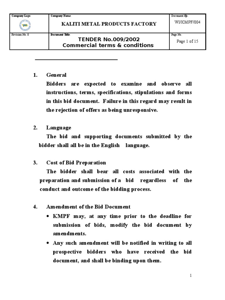 Kaliti Metal Products Factory TENDER No.009/2002 Commercial Terms ...