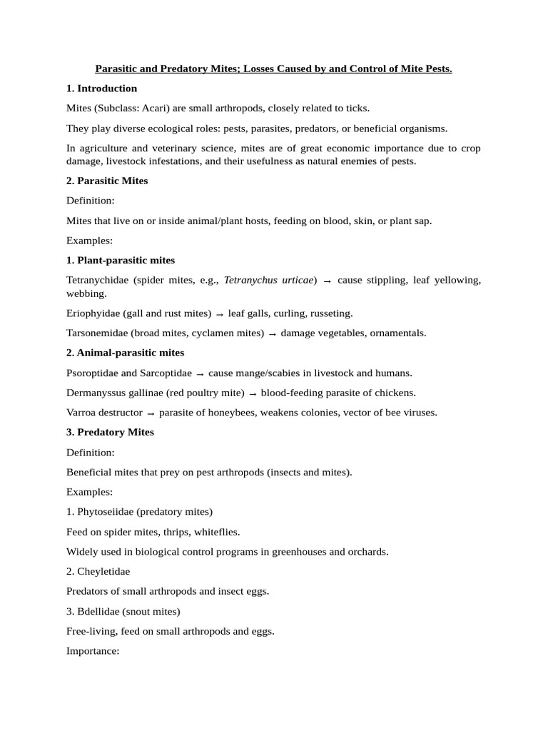 Parasitic and Predatory Mites and Losses Caused by and Control of Mite ...