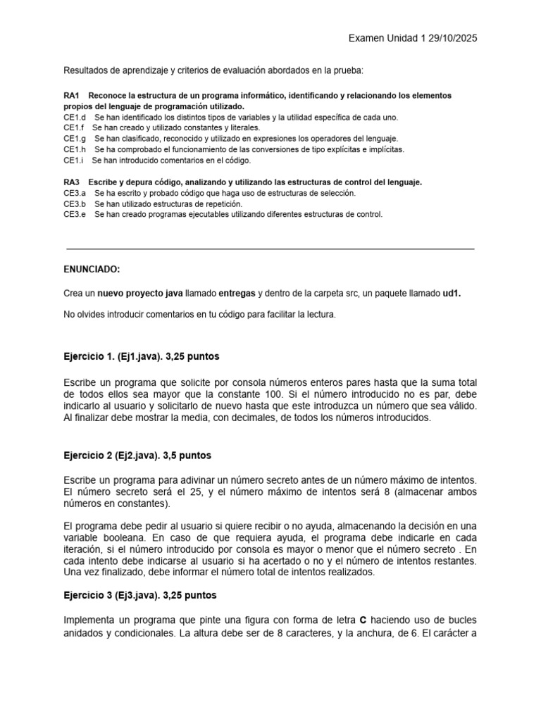 Examen Unidad 1: Programación Java | PDF | Lenguaje de programación ...